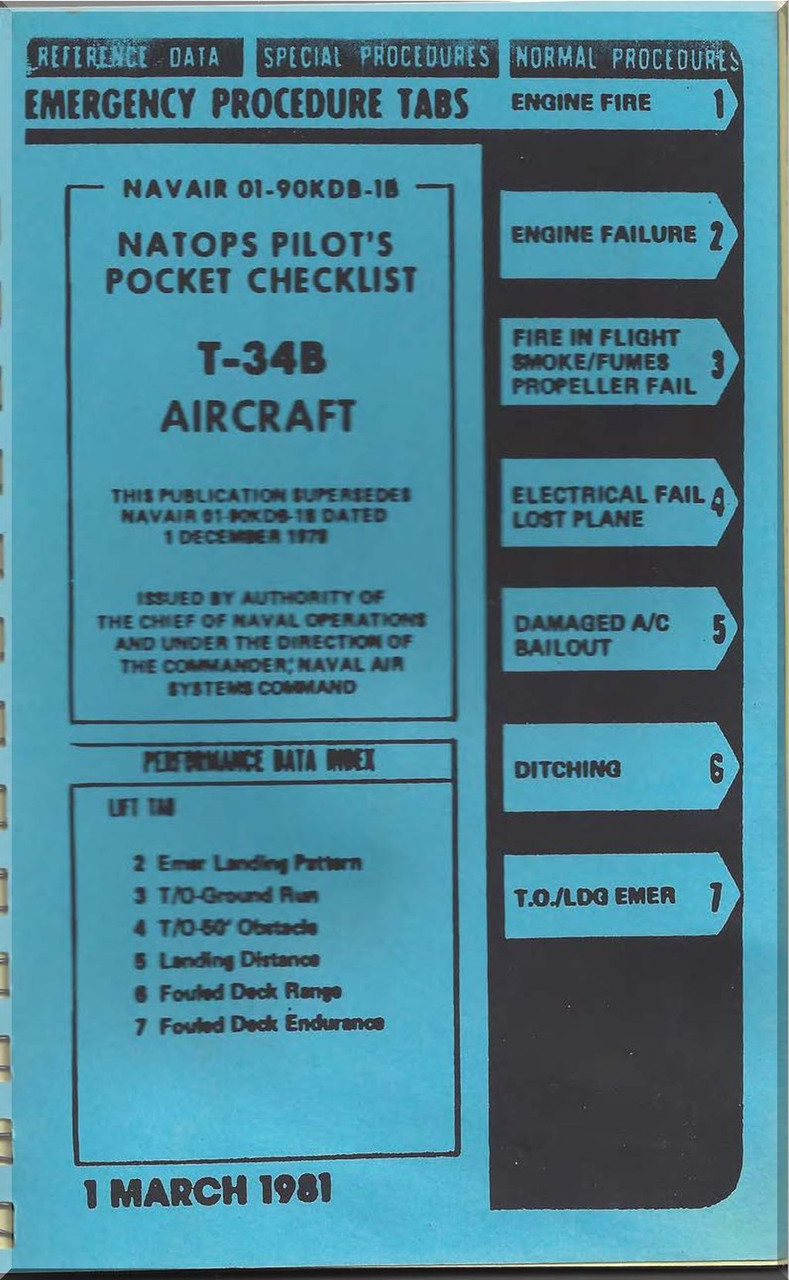 Beechcraft T-34 B Aircraft Pilot's Pocket Checklist Manual - 1981