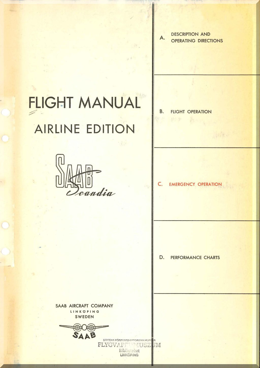 SAAB 90 Scandia Aircraft Flight Manual, 1956 (English Language)