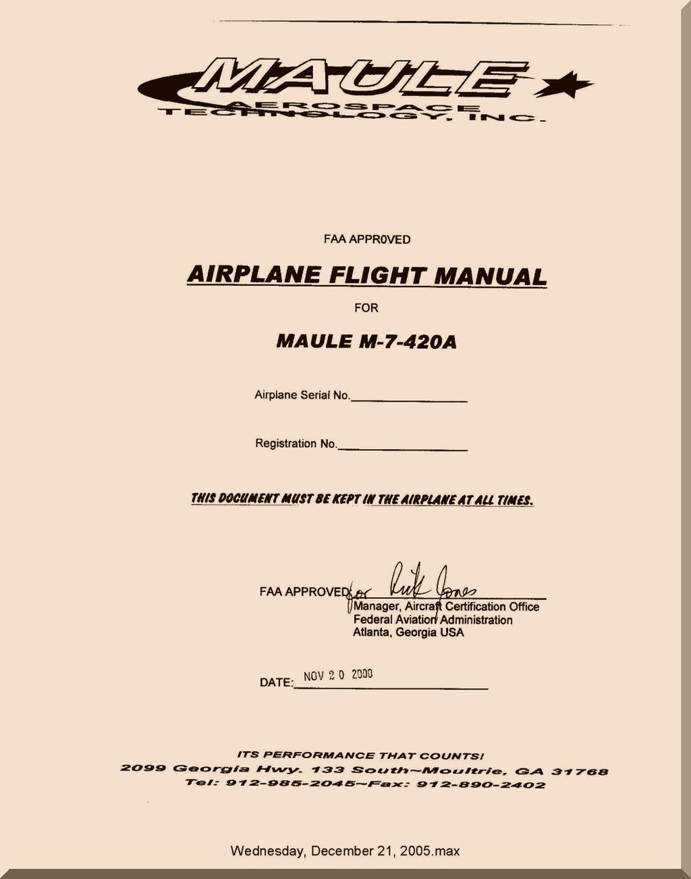 Maule Aircraft Model M-7-420 A FAA Approved Flight Manual - 2000