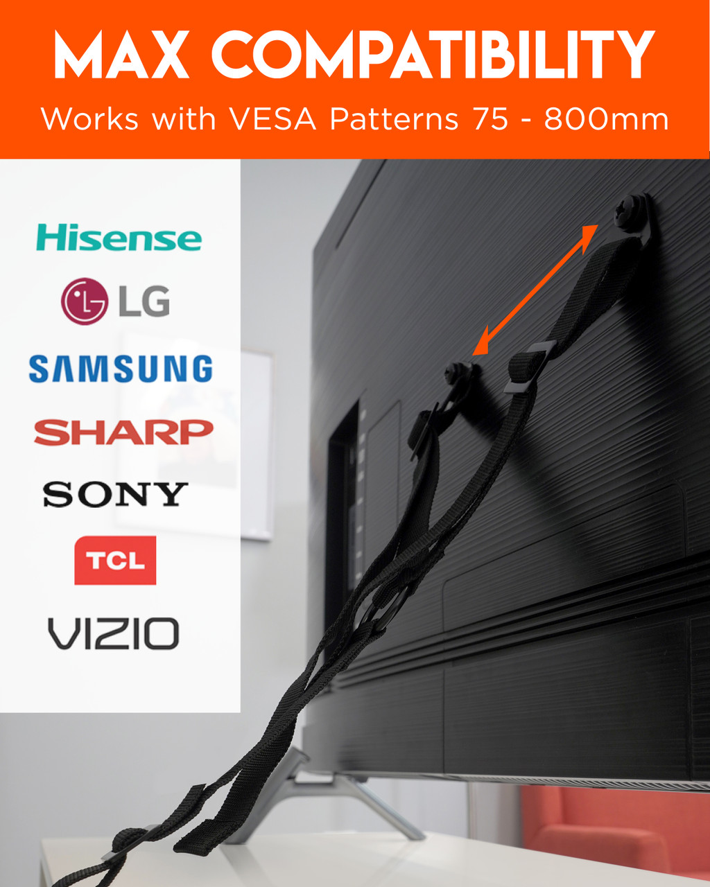 TV Anti-Tip Strap for XL TVs and TV Stands weighting up to 200 lbs.