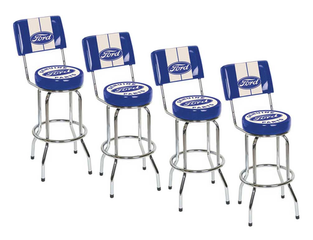 Ford Genuine Parts Bar Stool w/Backrest Vinyl Covering Blue Set of 4 FRD-42200 - Sports Diamond