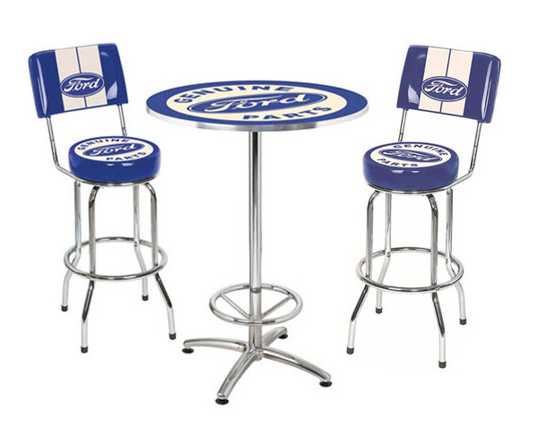 Ford Genuine Parts Bar Stool and Cafe Table Set. 2 Stools, Chrome Blue ...