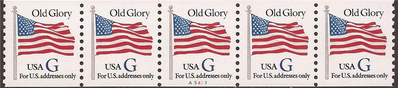 US Stamp - 1994 (32c) G Rate Flag Blue G-Plate Strip of 5 Stamps #2890