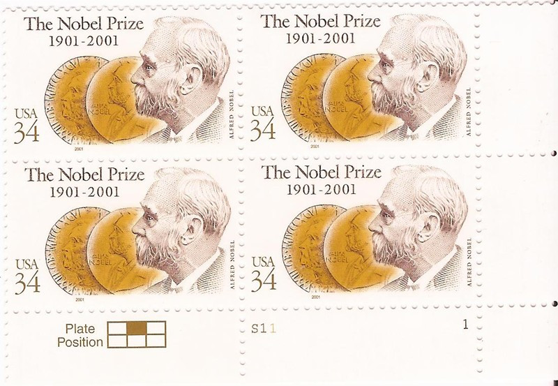 US Stamp - 2001 Nobel Prize Centenary - Plate Block of 4 Stamps #3504