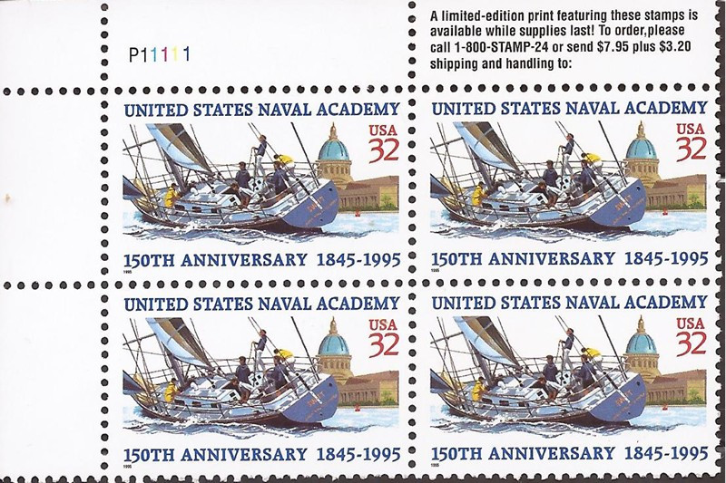 US Stamp - 1995 US Naval Academy Anniversary - 4 Stamp Pl Block #3001