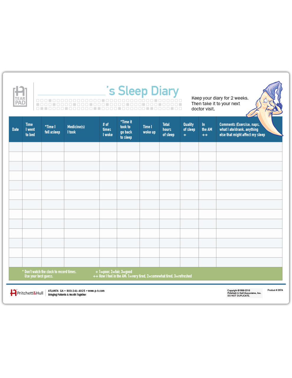 Sleep Diary Tearpad 50 Sheets Per Pad Pritchett And Hull
