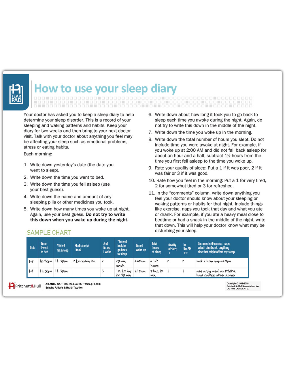 Sleep Diary Tearpad 50 Sheets Per Pad Pritchett And Hull