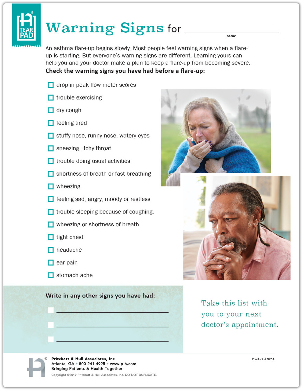 Asthma Warning Signs Tearpad 50 Sheets Per Pad Pritchett And Hull