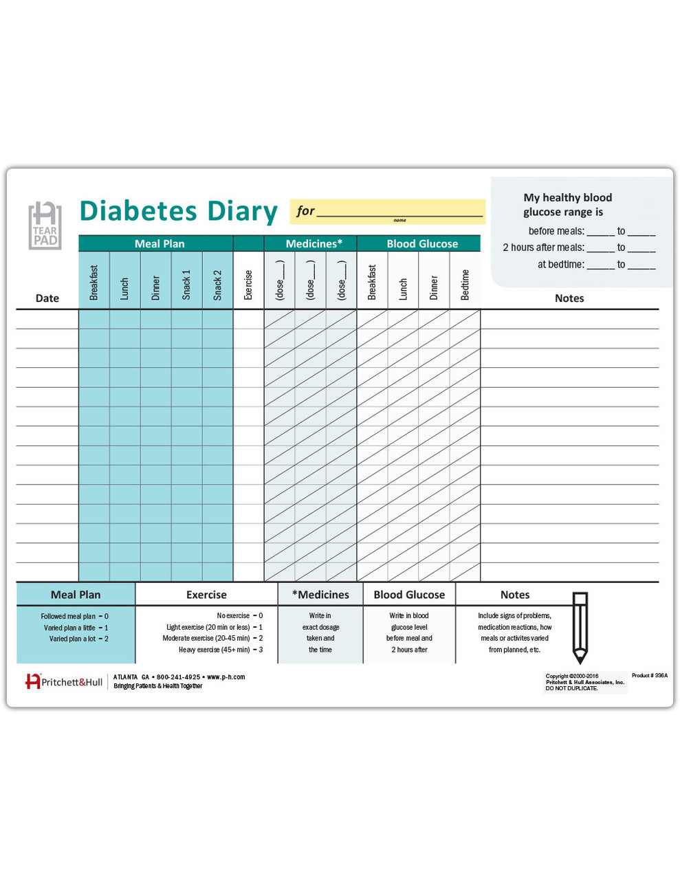 Diabetes Management Diary Tearpad 50 Sheets Per Pad Pritchett And Hull