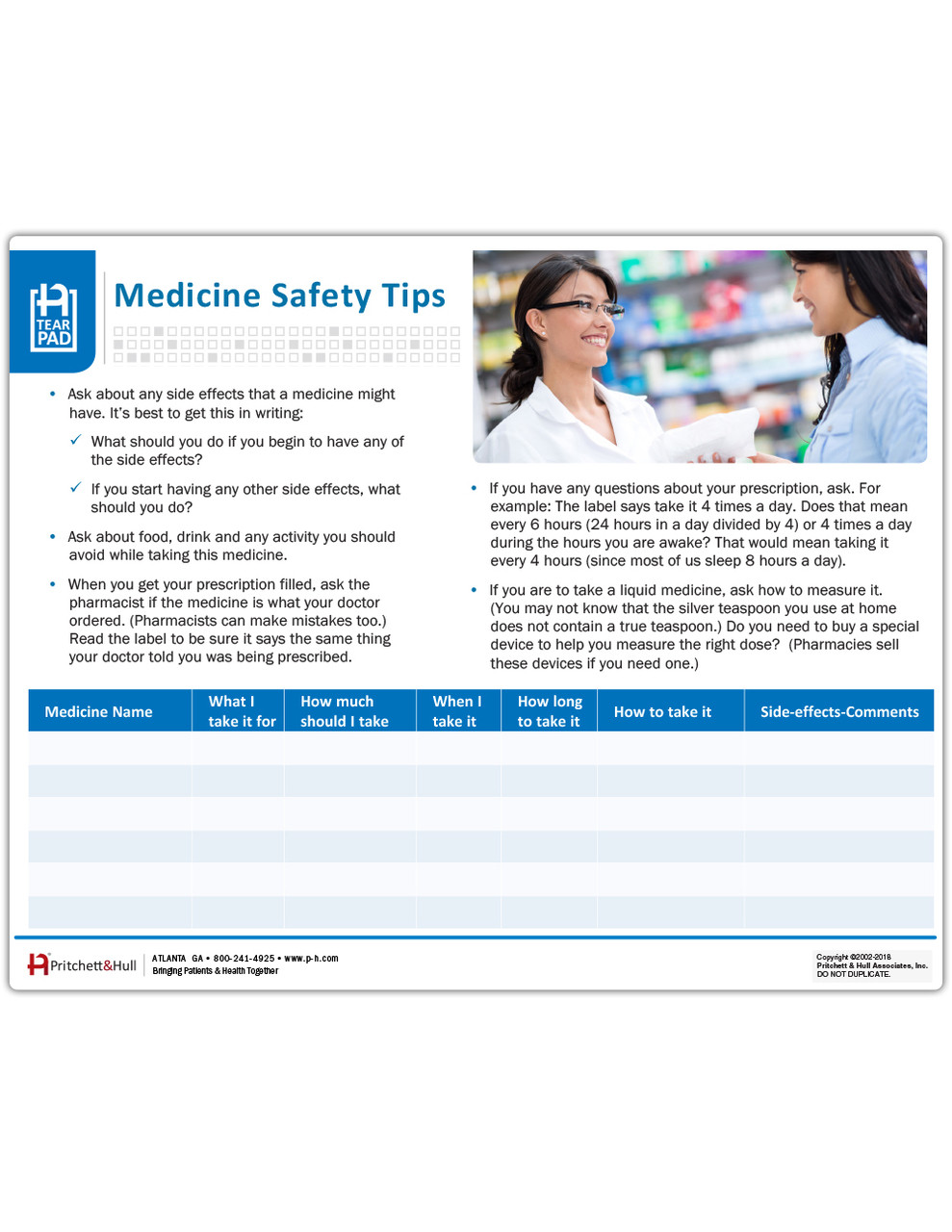 Medicine Safety Tearpad (50 sheets per pad) - Pritchett and Hull