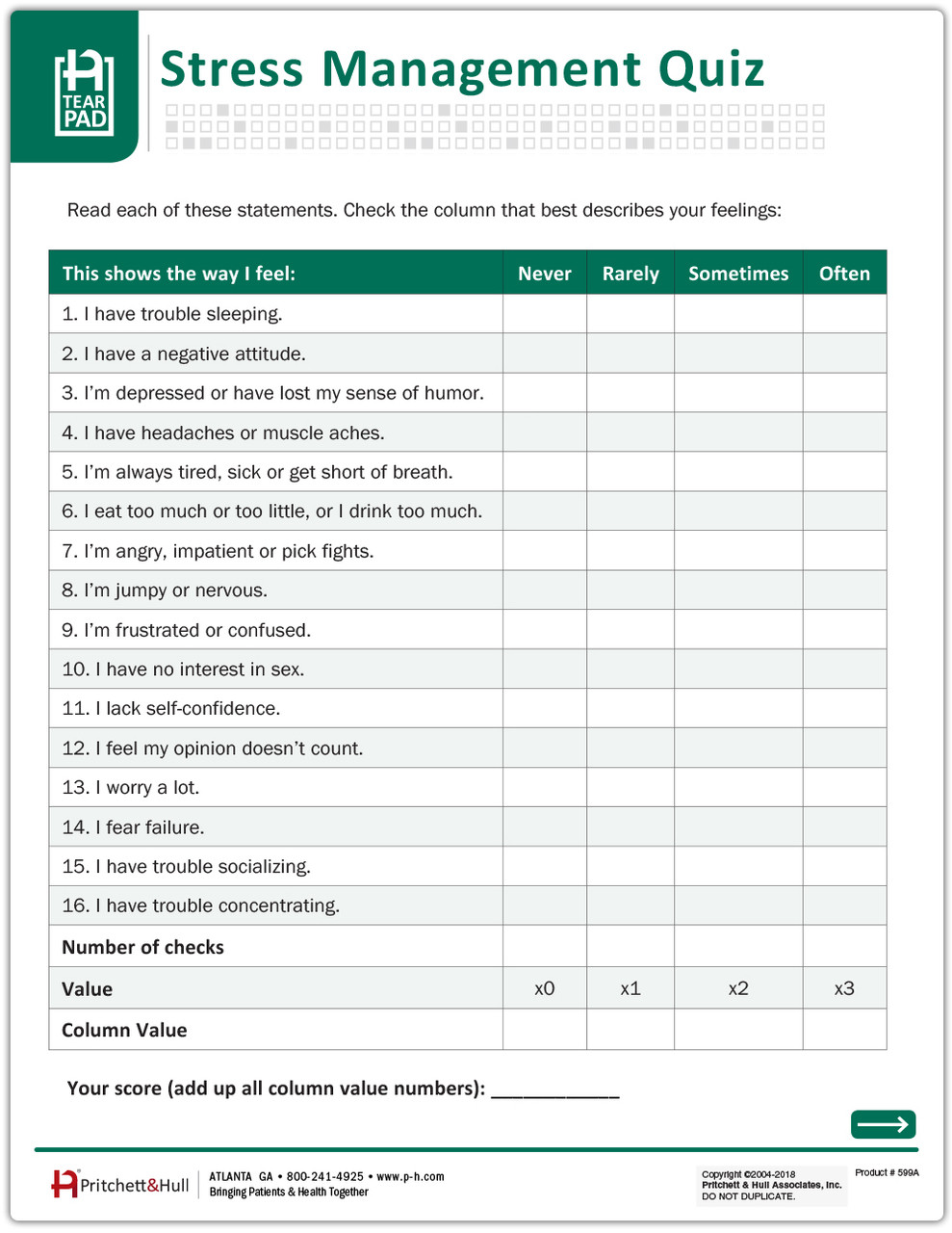 Stress Management Quiz Tearpad - Pritchett and Hull