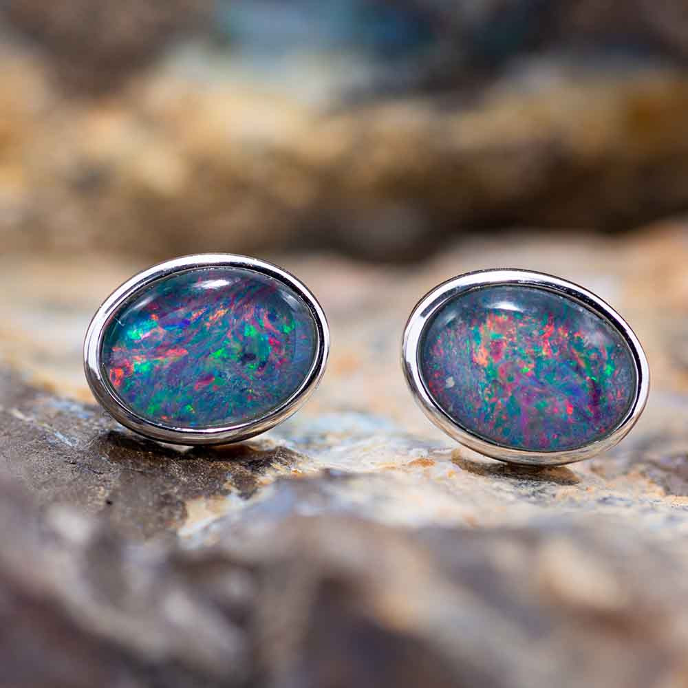 GLORIOUS BEAUTY STERLING SILVER AUSTRALIAN BLACK OPAL STUD EARRINGS GLORIOUS BEAUTY STERLING SILVER AUSTRALIAN BLACK OPAL STUD EARRINGS
