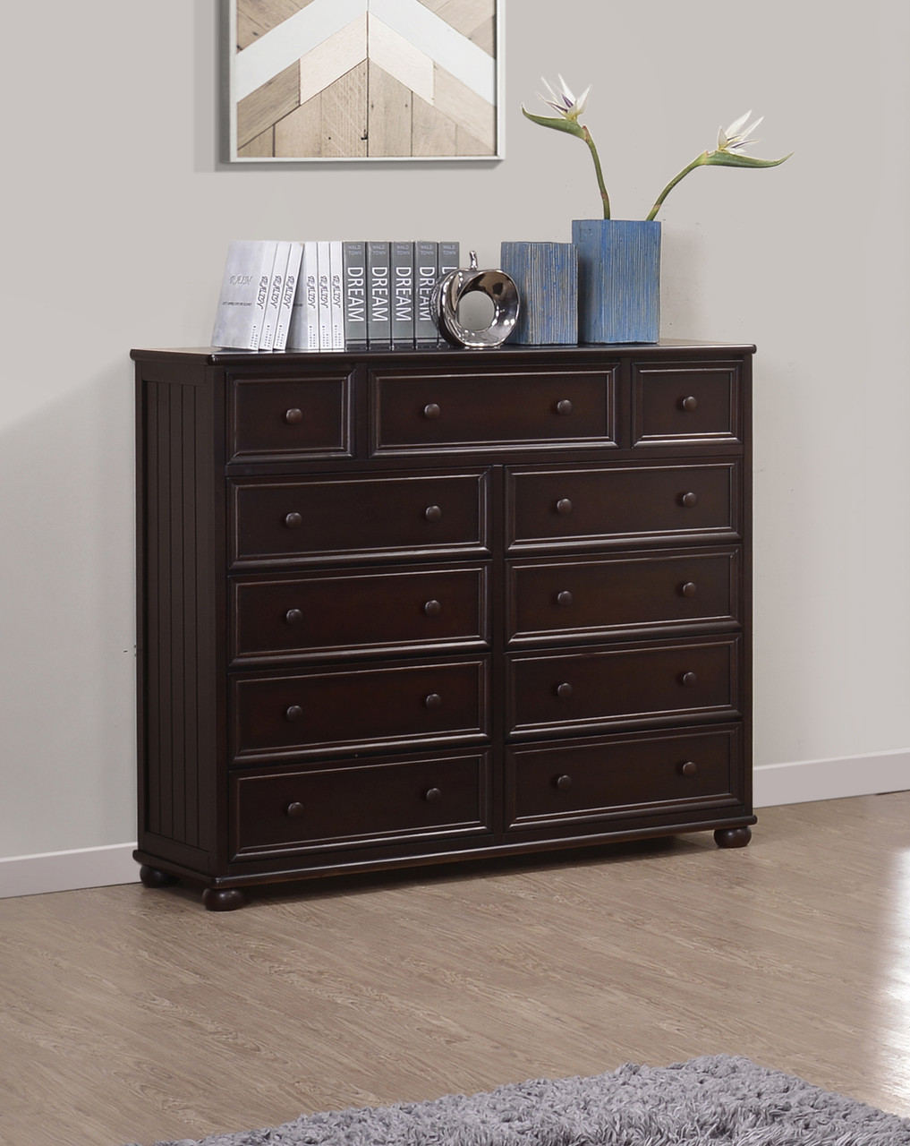 Dillon 11-Drawer Large Dresser in White, Gray