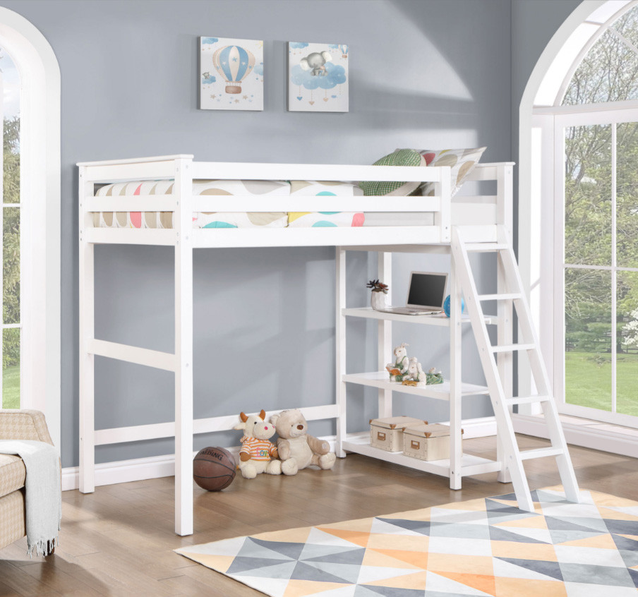 Twin Workstation Loft Bed with Shelf Below in Black & White
