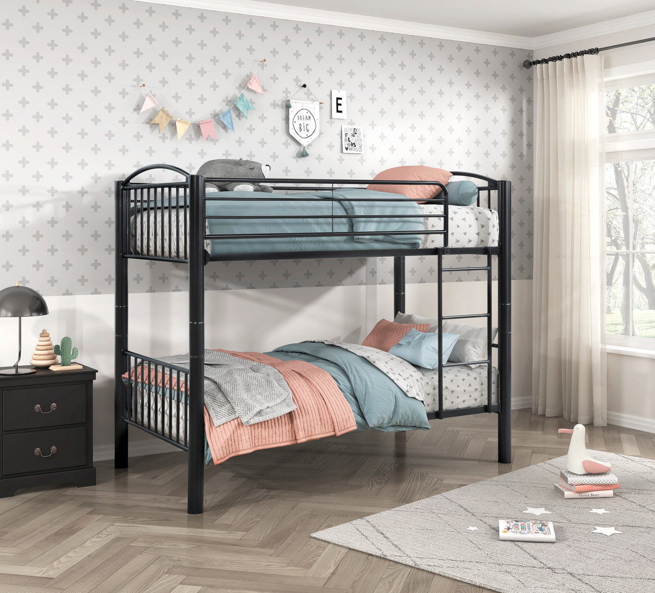 Colby Metal Twin Bunk Bed, Gray, Black