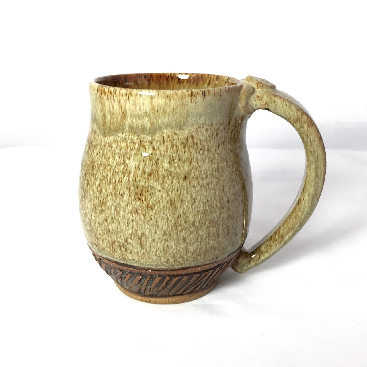 Handmade Pottery Mug w Saying - Green w Brown Band