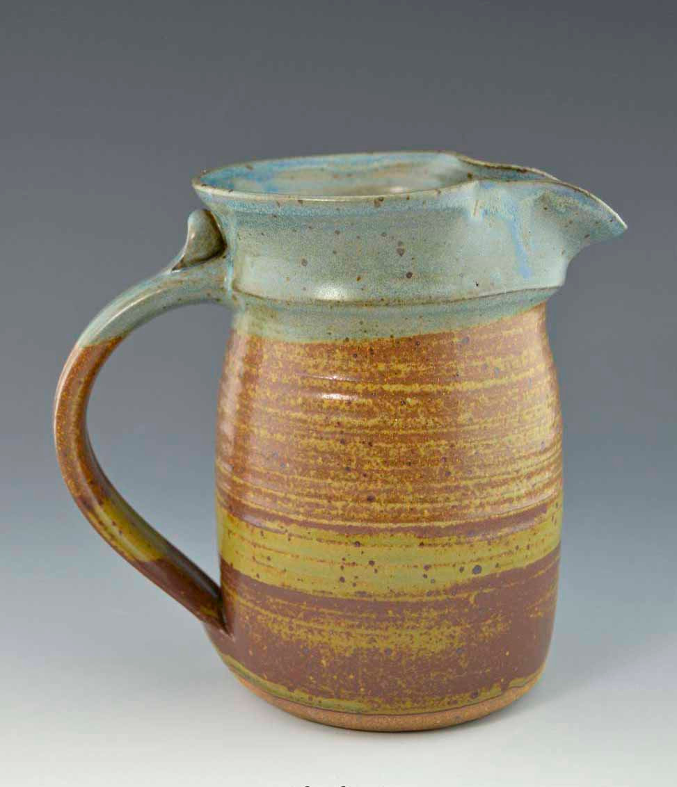 Medium Pottery Pitcher 24 oz, terracotta, brown, blue | GiftedPottery.com