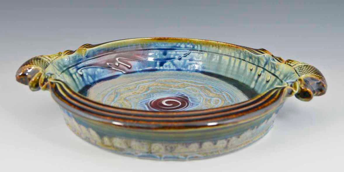 Handmade Pottery Baking Dish 10 in. diam w Handles, Green Blue Gold