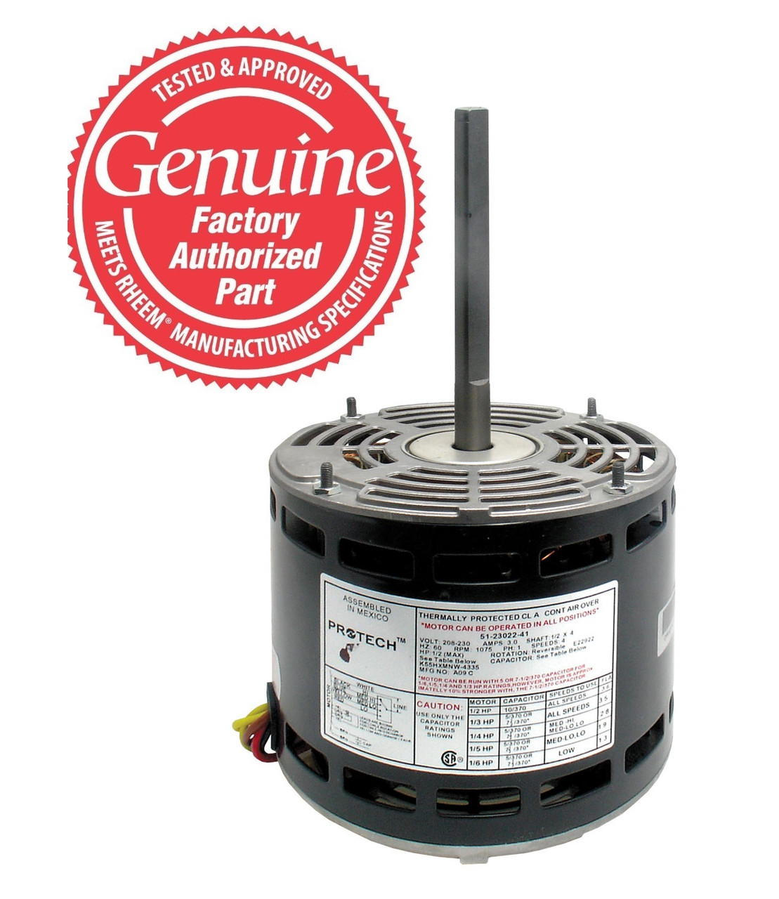 Rheem Air Handler Motor - 1/6 to 1/2 hp 208-230/1/60 (1075 rpm/4 speed ...
