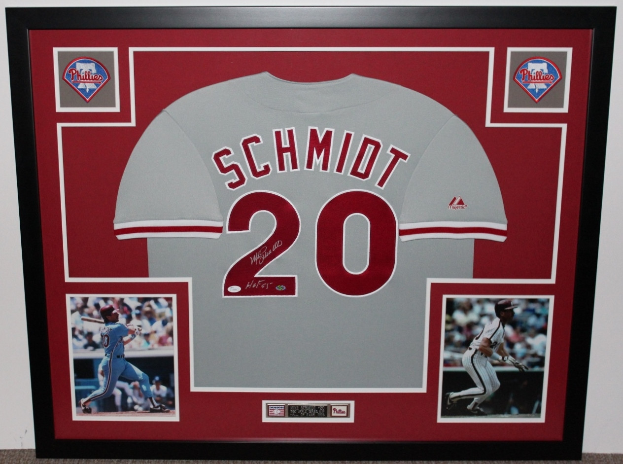 Mike Schmidt Autographed HOF 95 and Framed Gray Phillies Jersey
