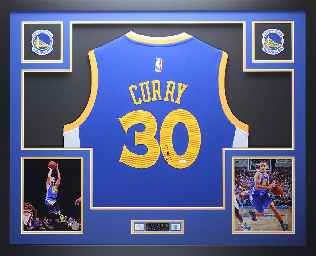 Stephen Curry Autographed and Framed Blue Warriors Jersey
