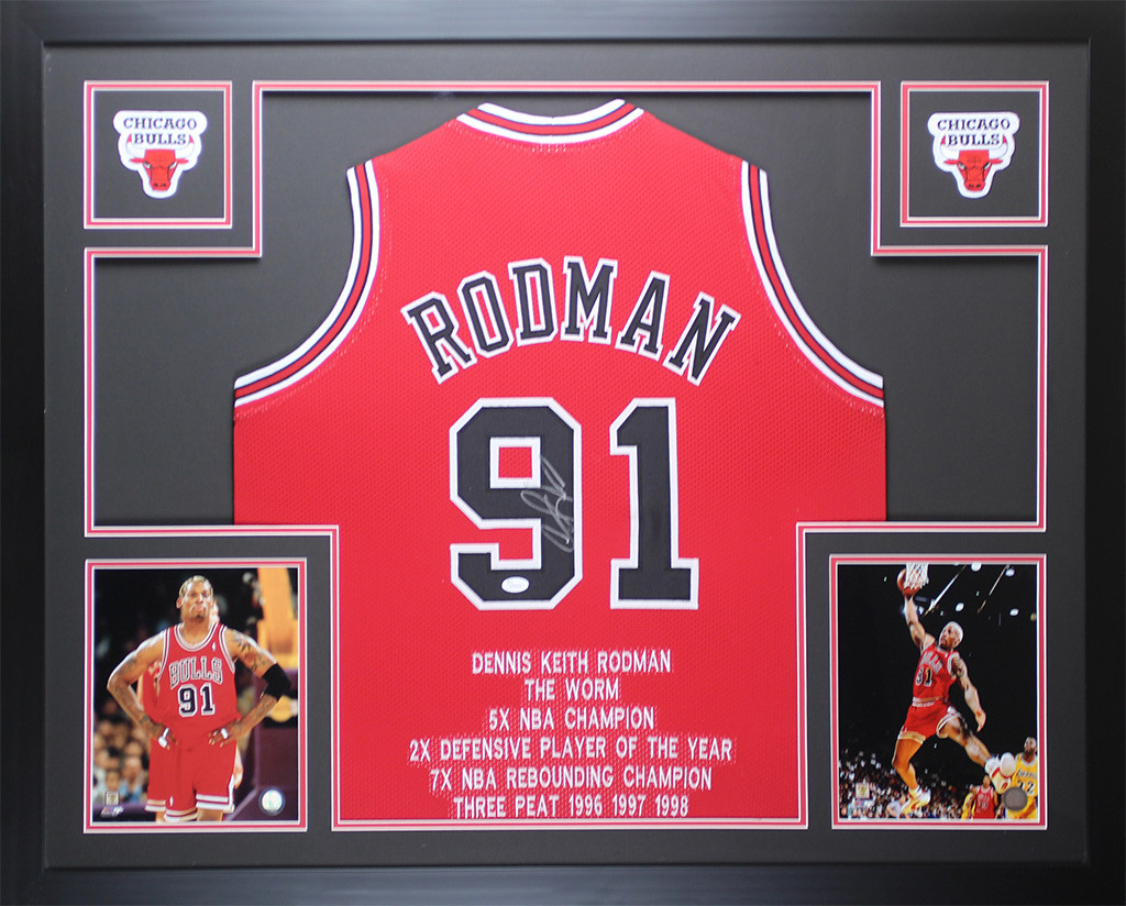Dennis Rodman Autographed and Framed Red Chicago Bulls Jersey