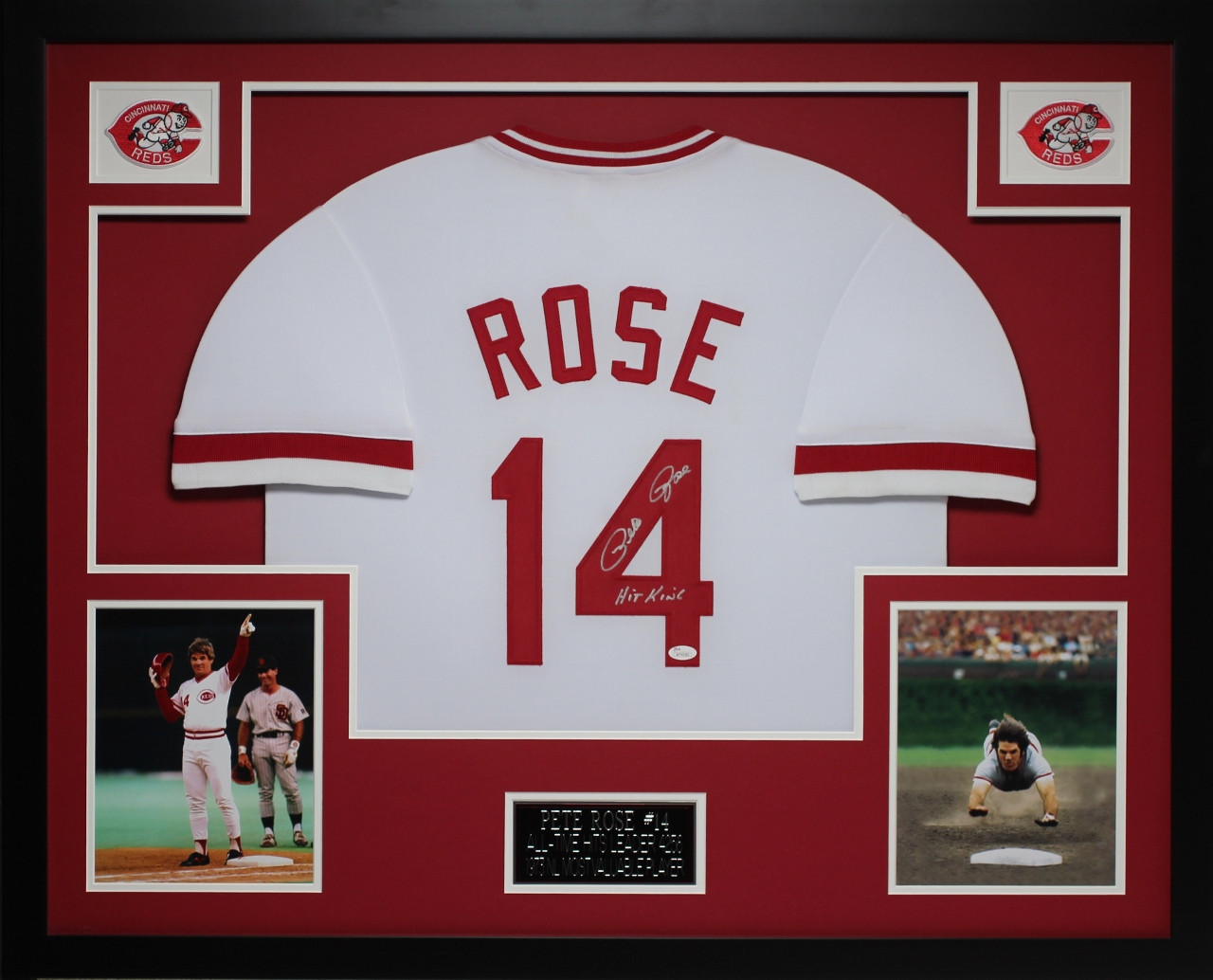 Pete Rose Autographed Hit King and Framed White Reds Jersey