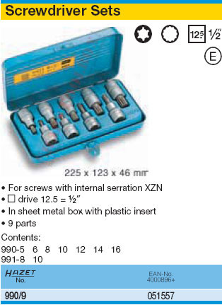 HAZET 990/9 SCREWDRIVER SOCKET SET - ChadsToolbox.com Inc