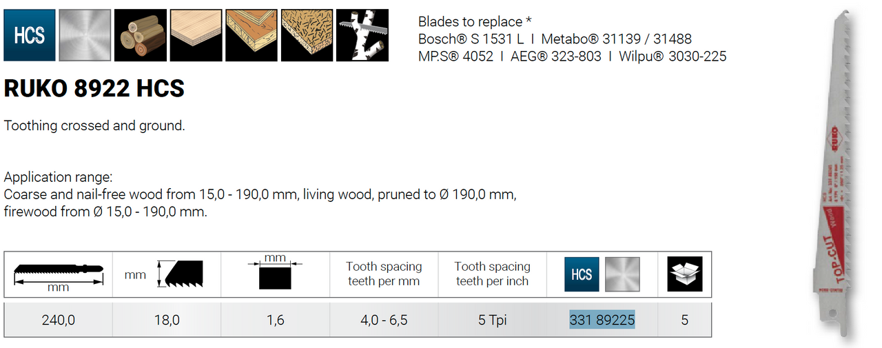 RUKO 101001 Recip. Blade, 10 x 3/4", 5 Tpi
