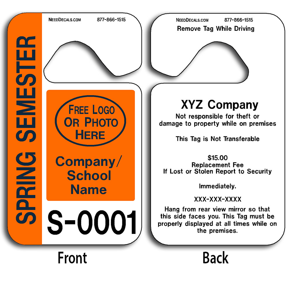 Custom Student Parking Pass Hang Tags- Free Numbering & Back-printing