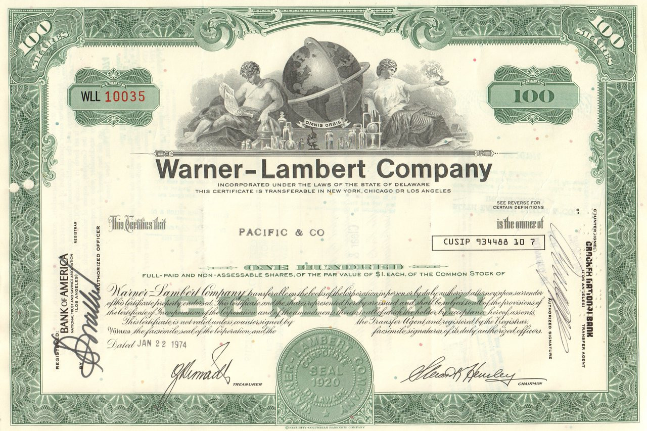 Warner-Lambert Company stock certificate 1970's (pharmaceuticals)