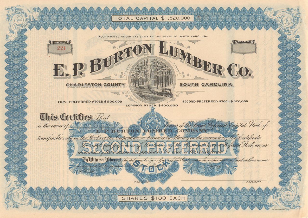 E. P. Burton Lumber Co. stock certificate circa 1913 (timber)