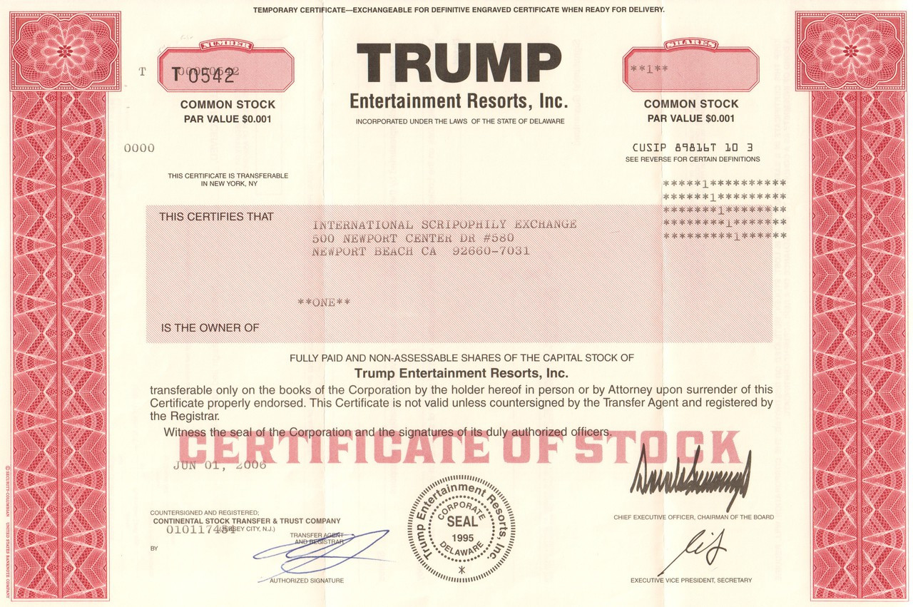 Trump Entertainment Resorts Inc. stock certificate 2006