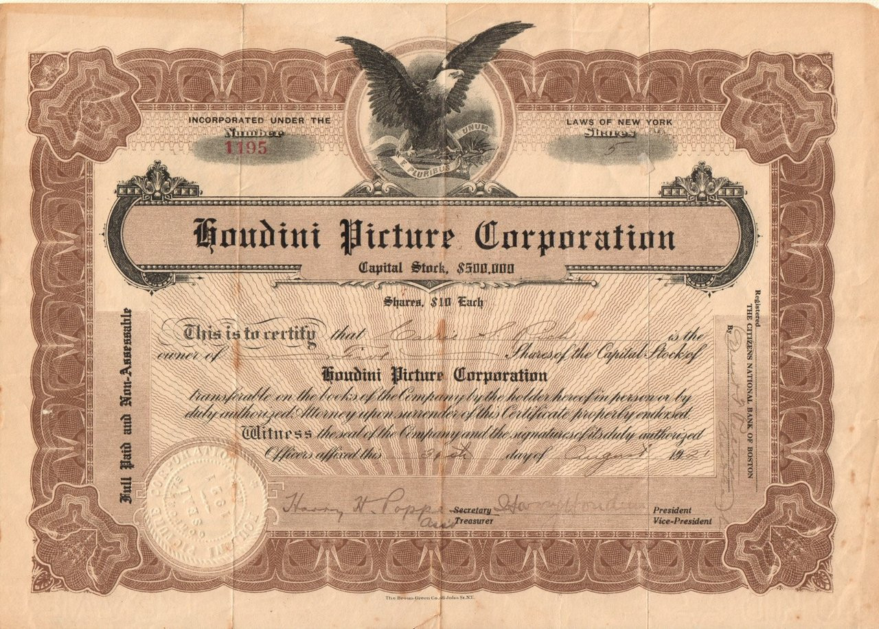 Houdini Picture Corporation - handsigned by the magician - Collectible ...