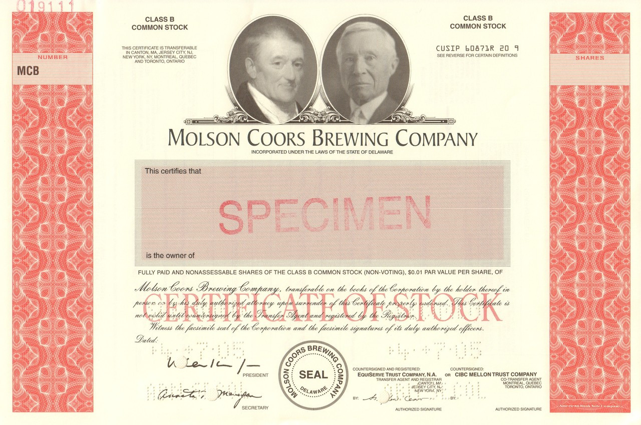 Molson Coors Brewing Company specimen stock certificate - Collectible ...