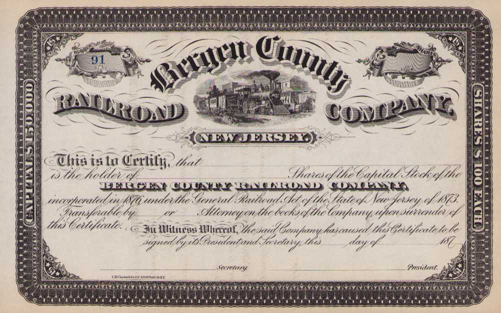 Bergen County Railroad Company stock certificate circa 1880 (New Jersey)