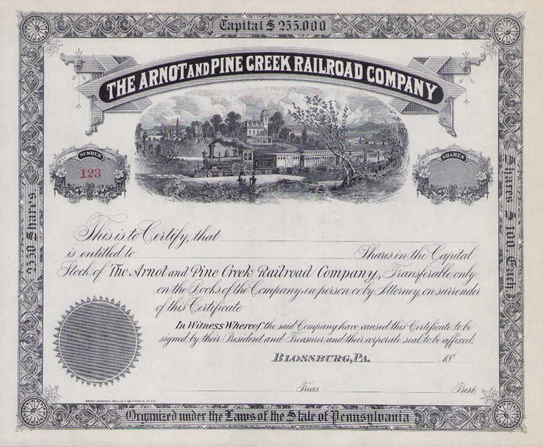 Arnot and Pine Creek Railroad Company stock certificate circa 1881 ...