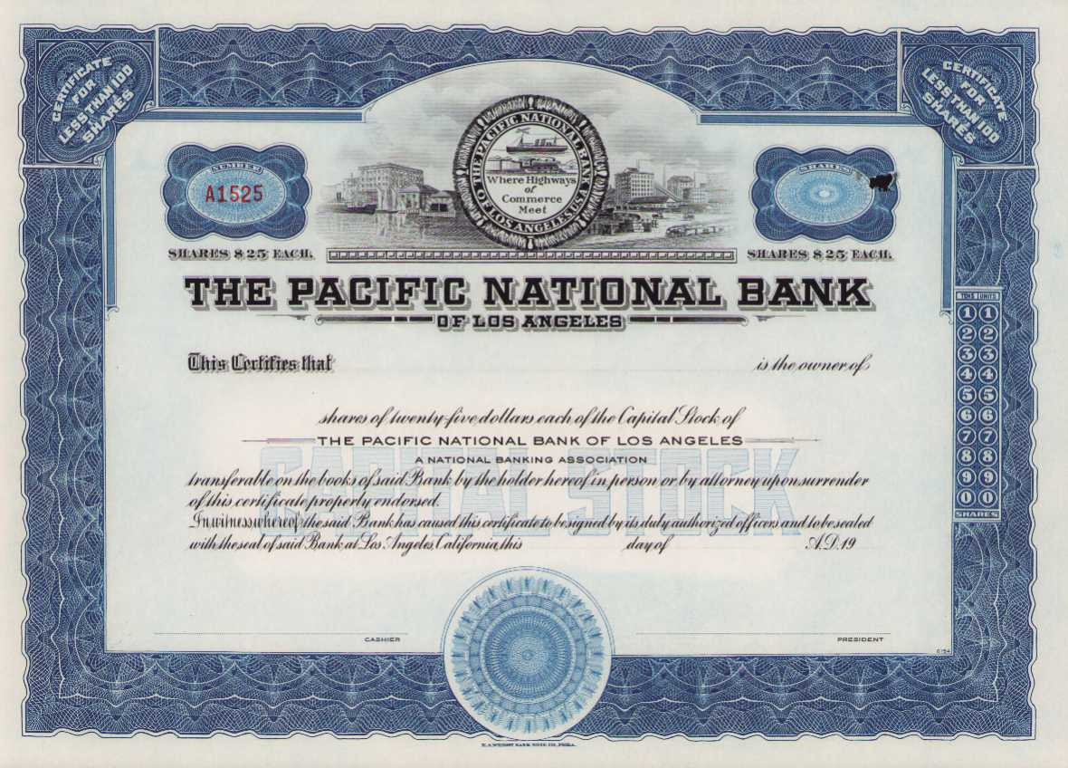 Pacific National Bank of Los Angeles stock certificate circa 1923 ...