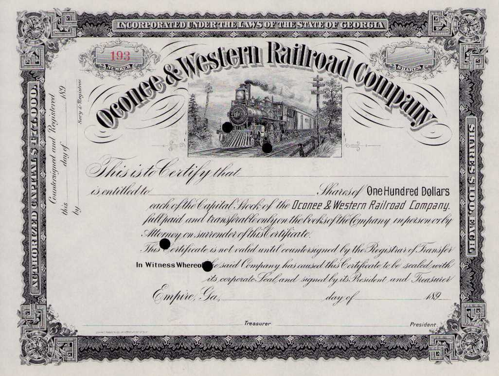 Oconee and Western Railroad stock certificate circa 1892 (Georgia)