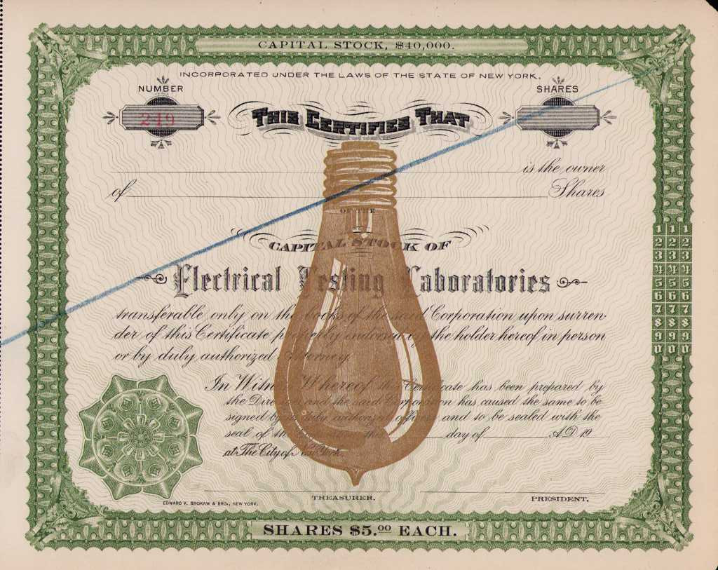 Electrical Testing Laboratories stock certificate circa 1904 (New York)