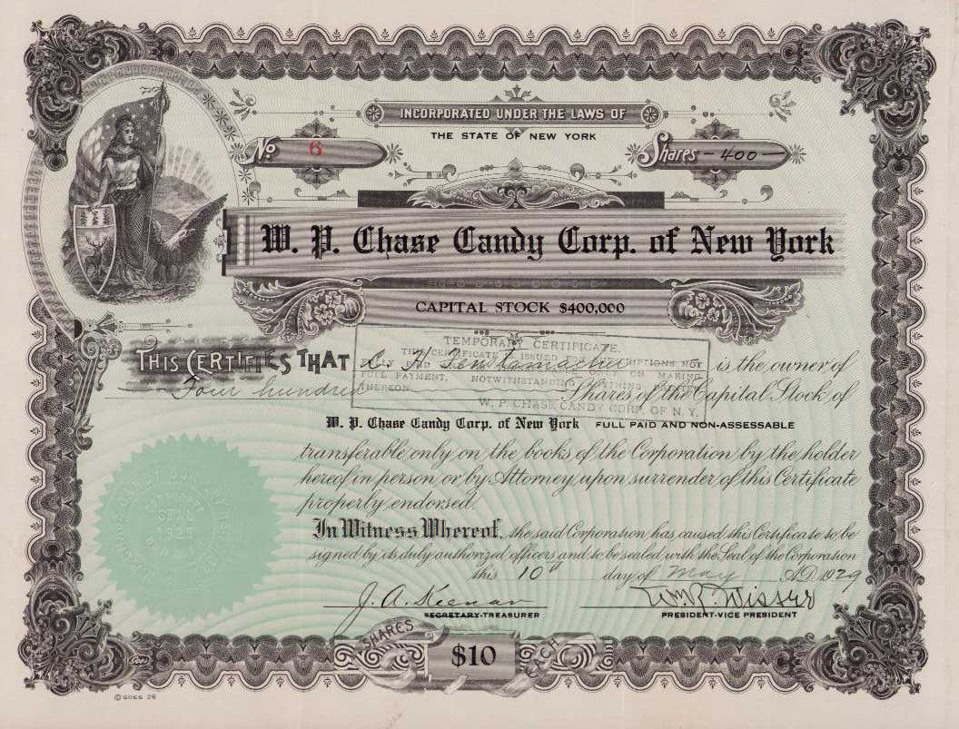 W. P. Chase Candy Corp. of New York stock certificate 1929 (New York)