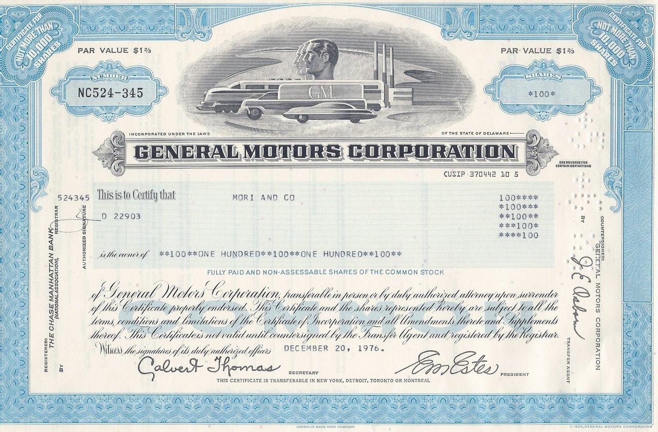 General Motors stock certificates - common colors