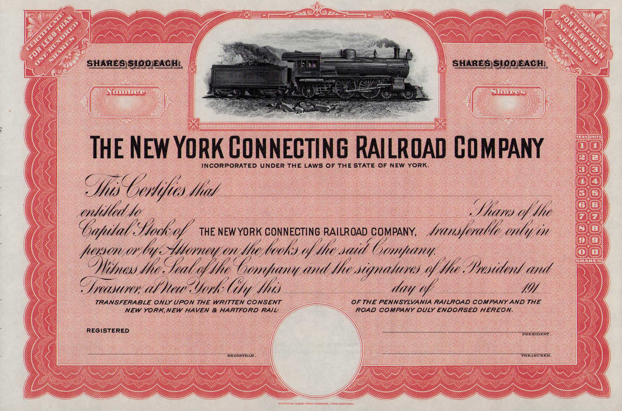 New York Connecting Railroad stock certificate c1917 (New York)