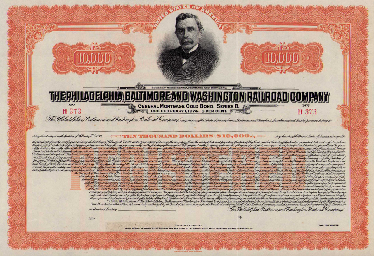 Philadelphia Baltimore and Washington Railroad $10,000 bond 1924 ...
