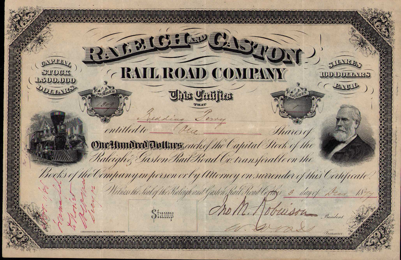 Raleigh and Gaston Railroad stock certificate 1877 (North Carolina)