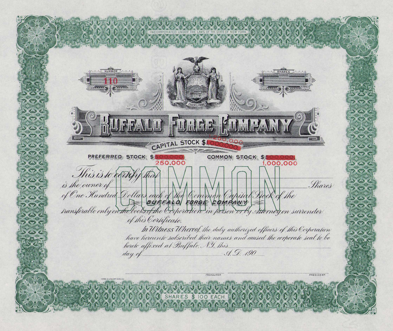Buffalo Forge Company stock certificate c1906 (New York)