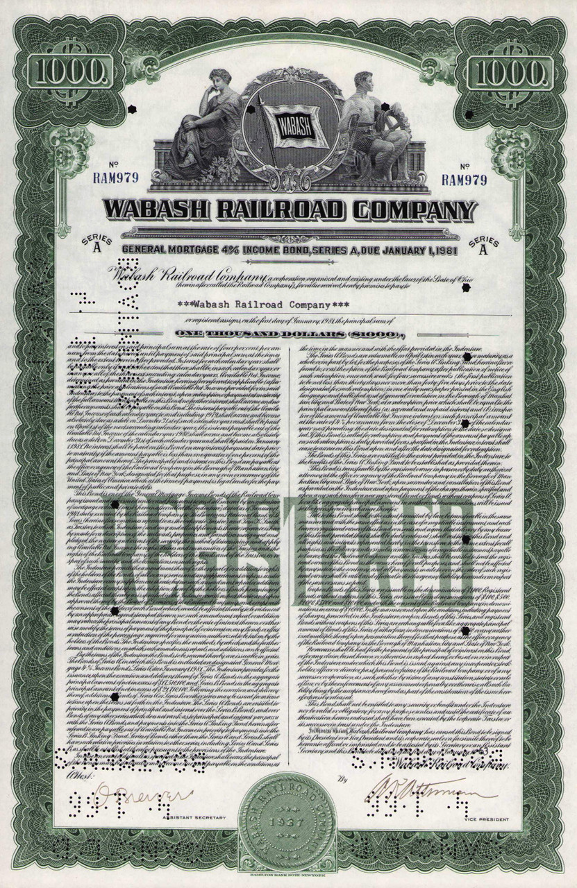 Wabash Railroad $1000 bond 1963 (Indiana)