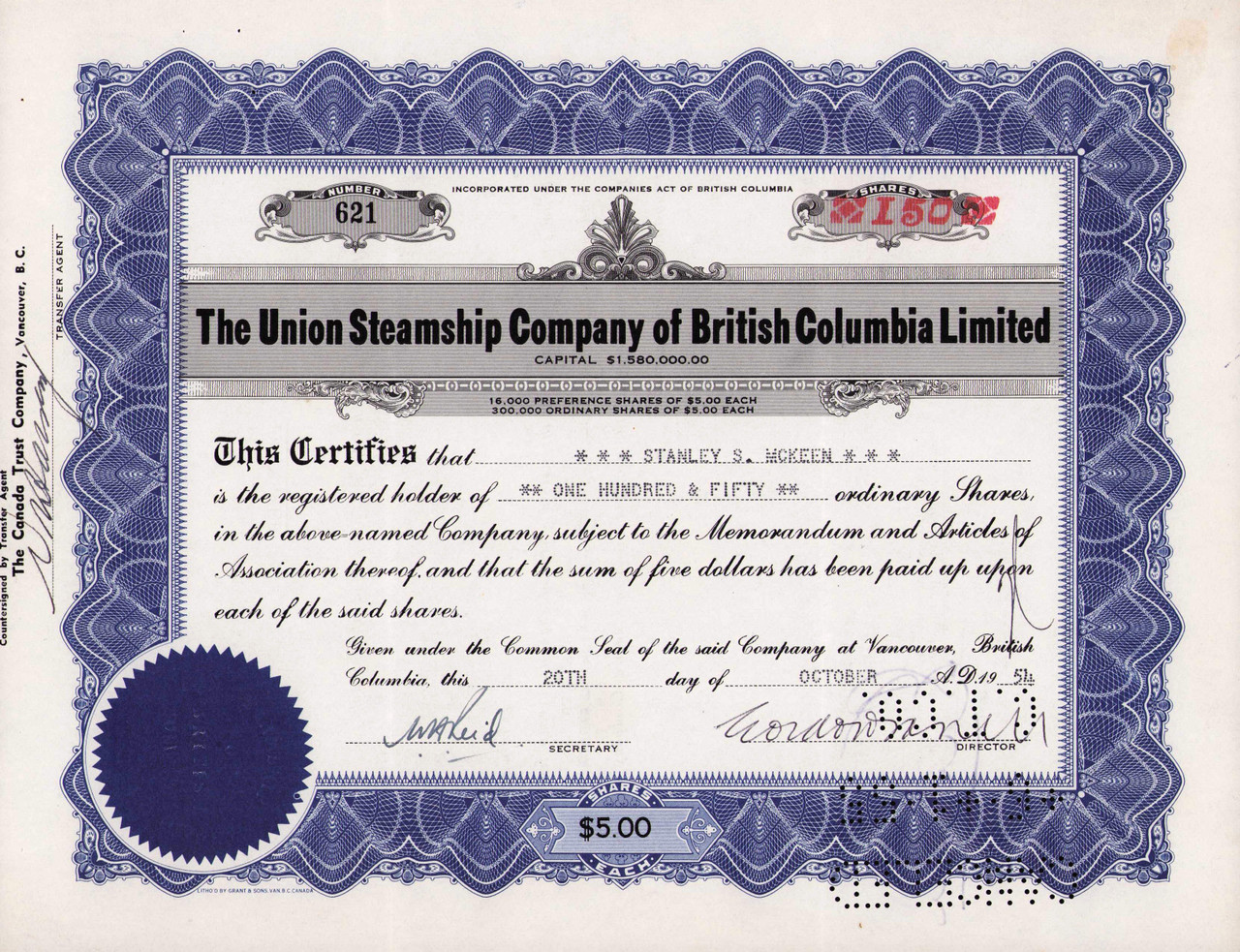 Union Steamship of British Columbia stock certificate 1954 (Canada)