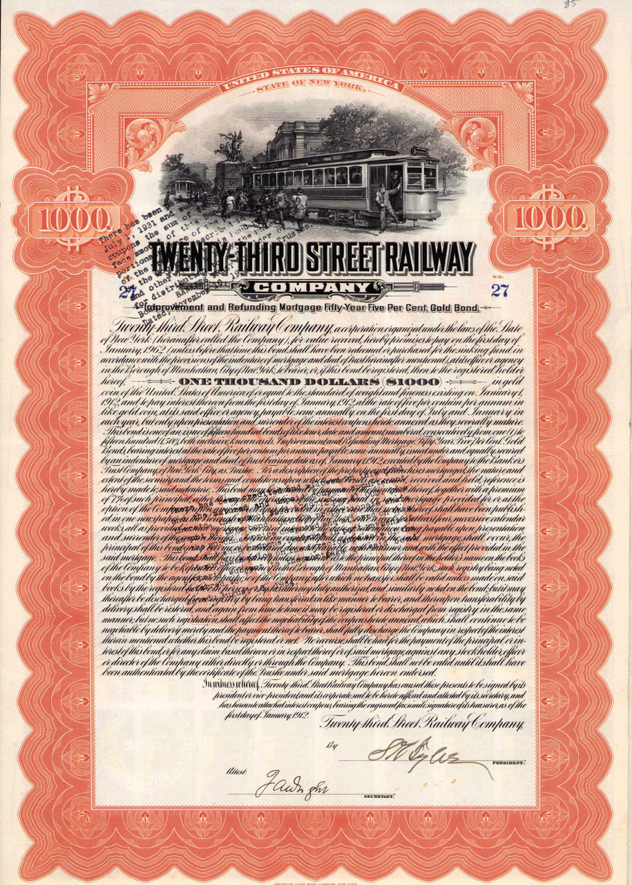 Twenty-Third Street Railway $1000 gold bond certificate 1912 (New York)