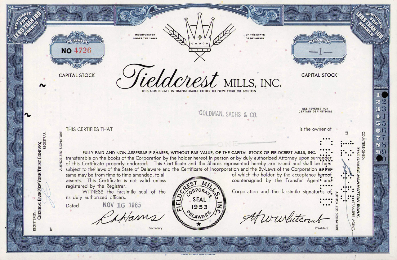 Fieldcrest Mills stock certificate 1965 (North Carolina) - towels and ...
